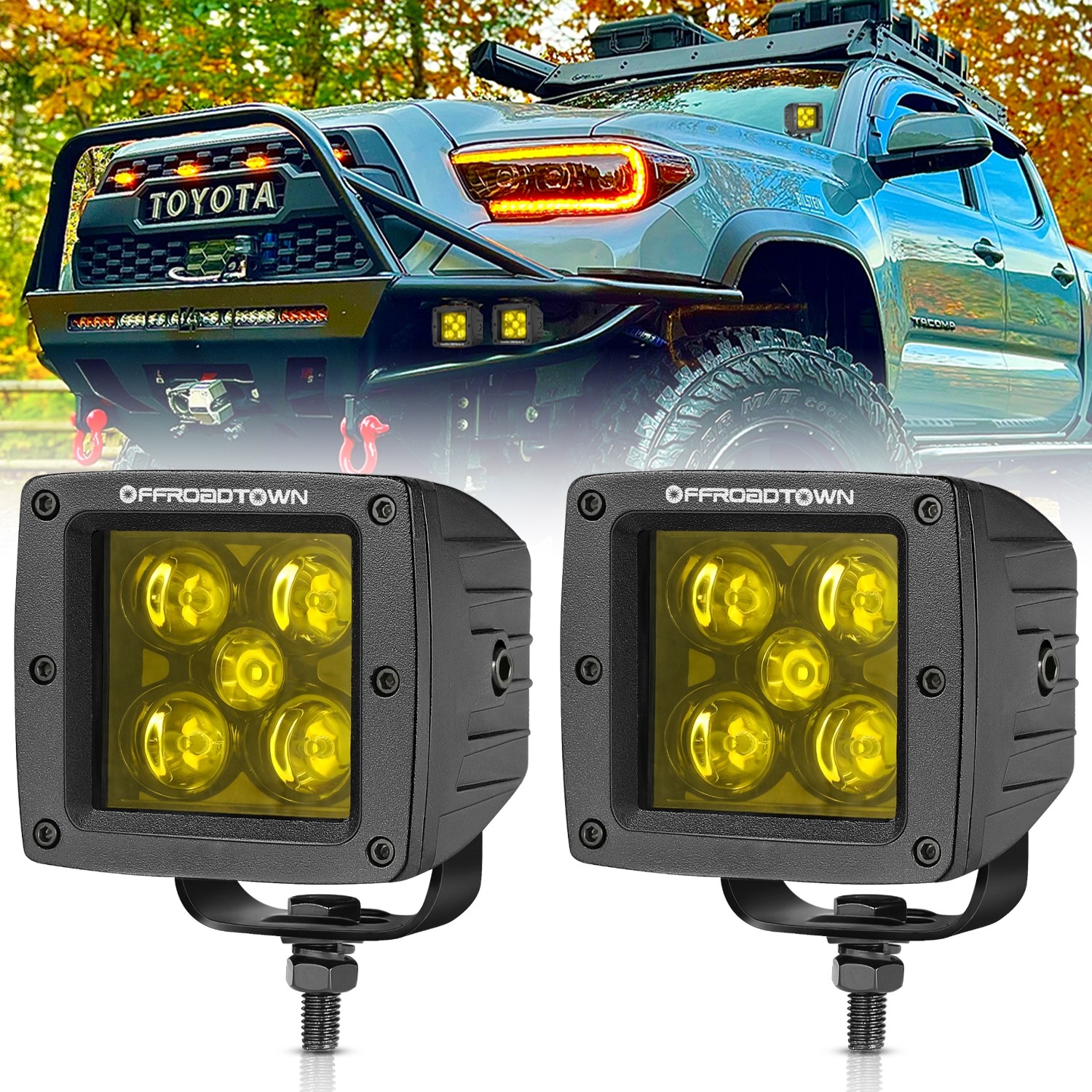 OFFROADTOWN Yellow LED Pods, 100W 2PCS 3 Inch CREE LED Cube Lights Spot ...